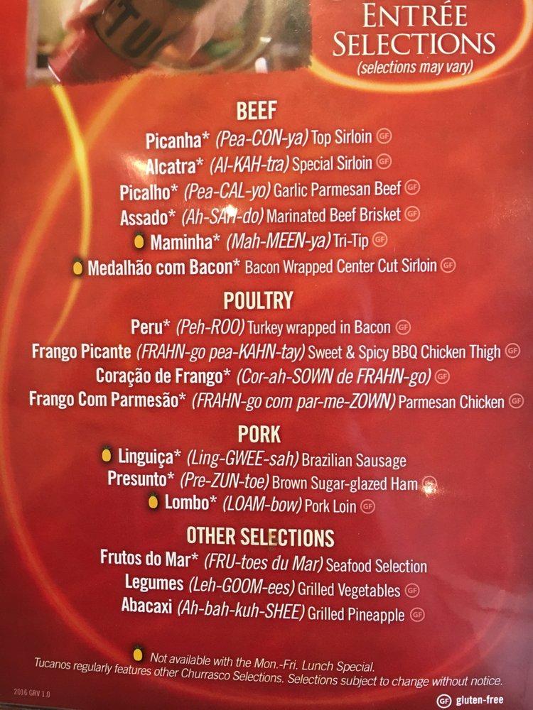 Menu at Tucanos Brazilian Grill steakhouse, Boise