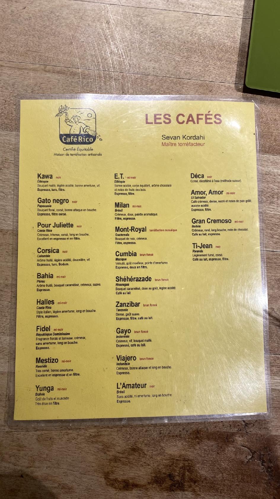 Menu at Café Rico, Montréal