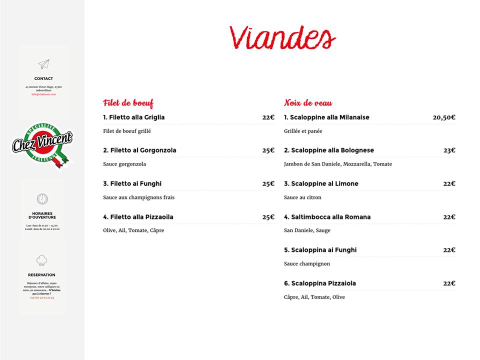 Menu at Chez Vincent (Casa Cozzoli) restaurant, Paris, 148 Bd Berthier