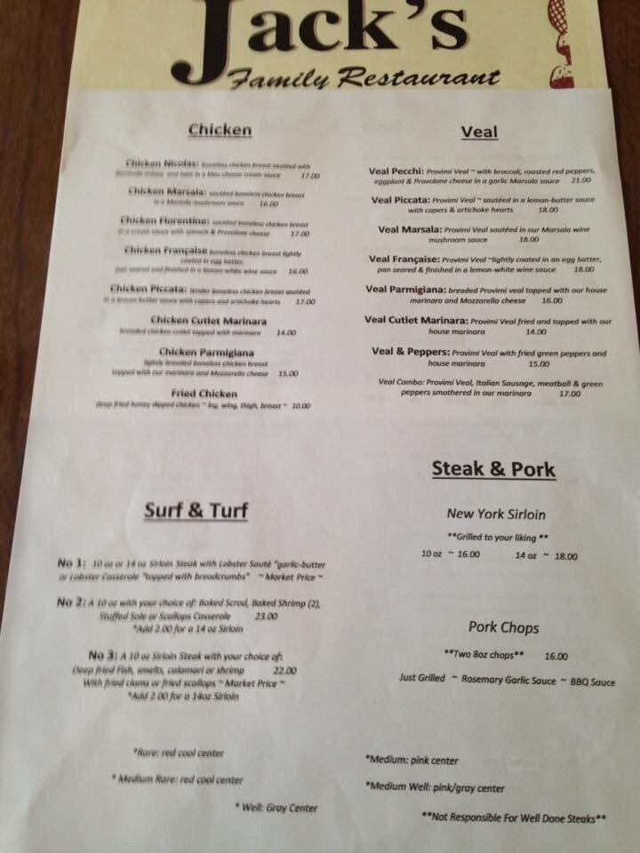 Menu at Jack's Family Restaurant, Warren