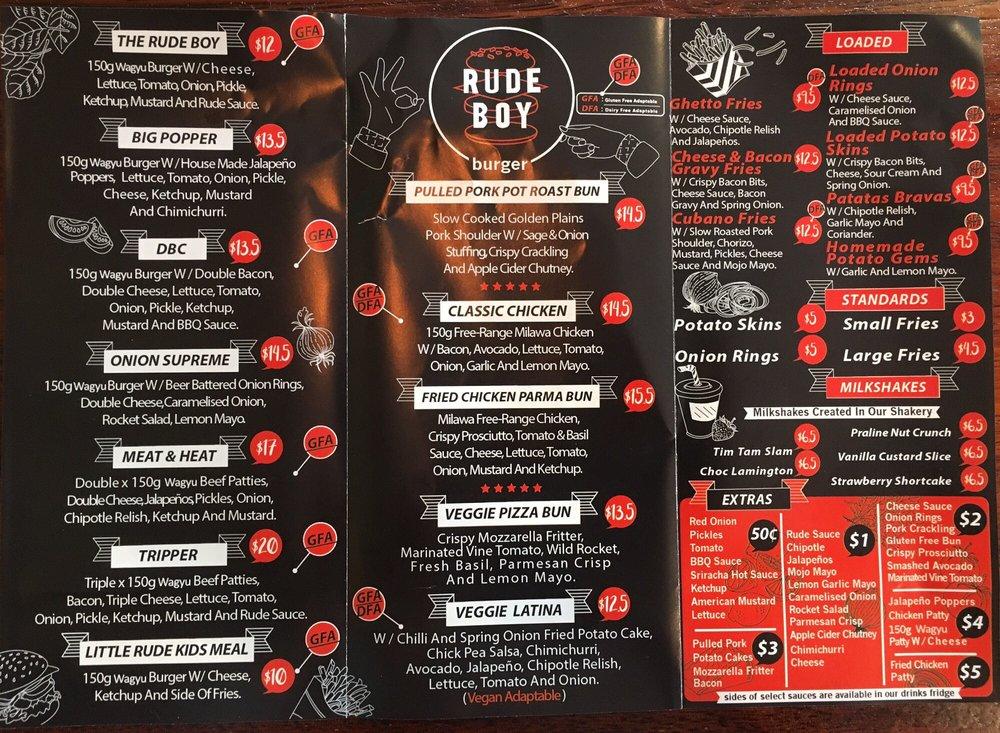 Menu at Rude Boy Burger restaurant, Brunswick West