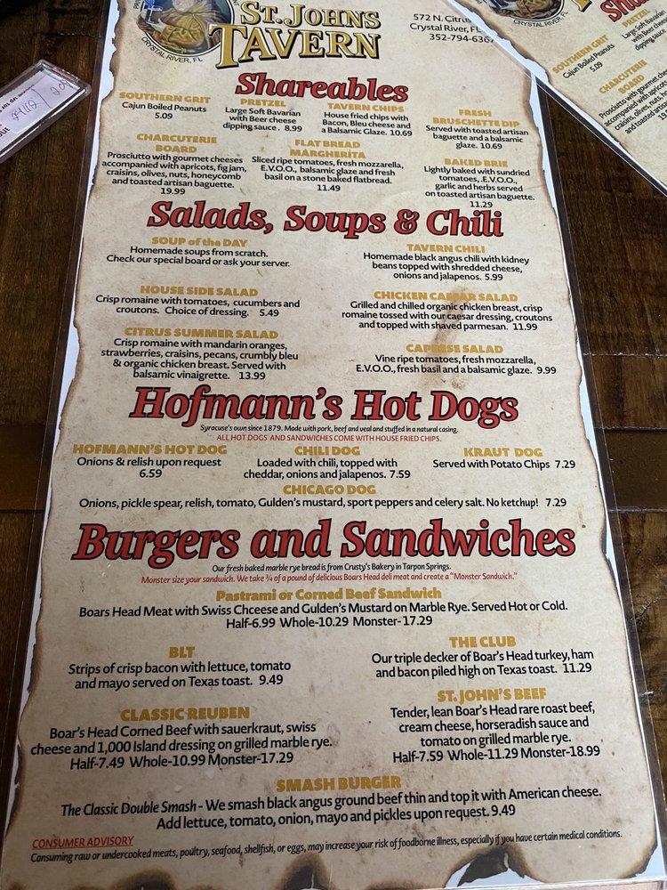 Menu at St. Johns Tavern restaurant, Crystal River