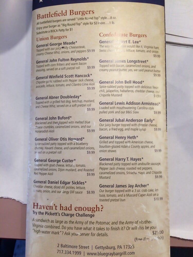 Menu at Blue & Gray Bar & Grill, Gettysburg
