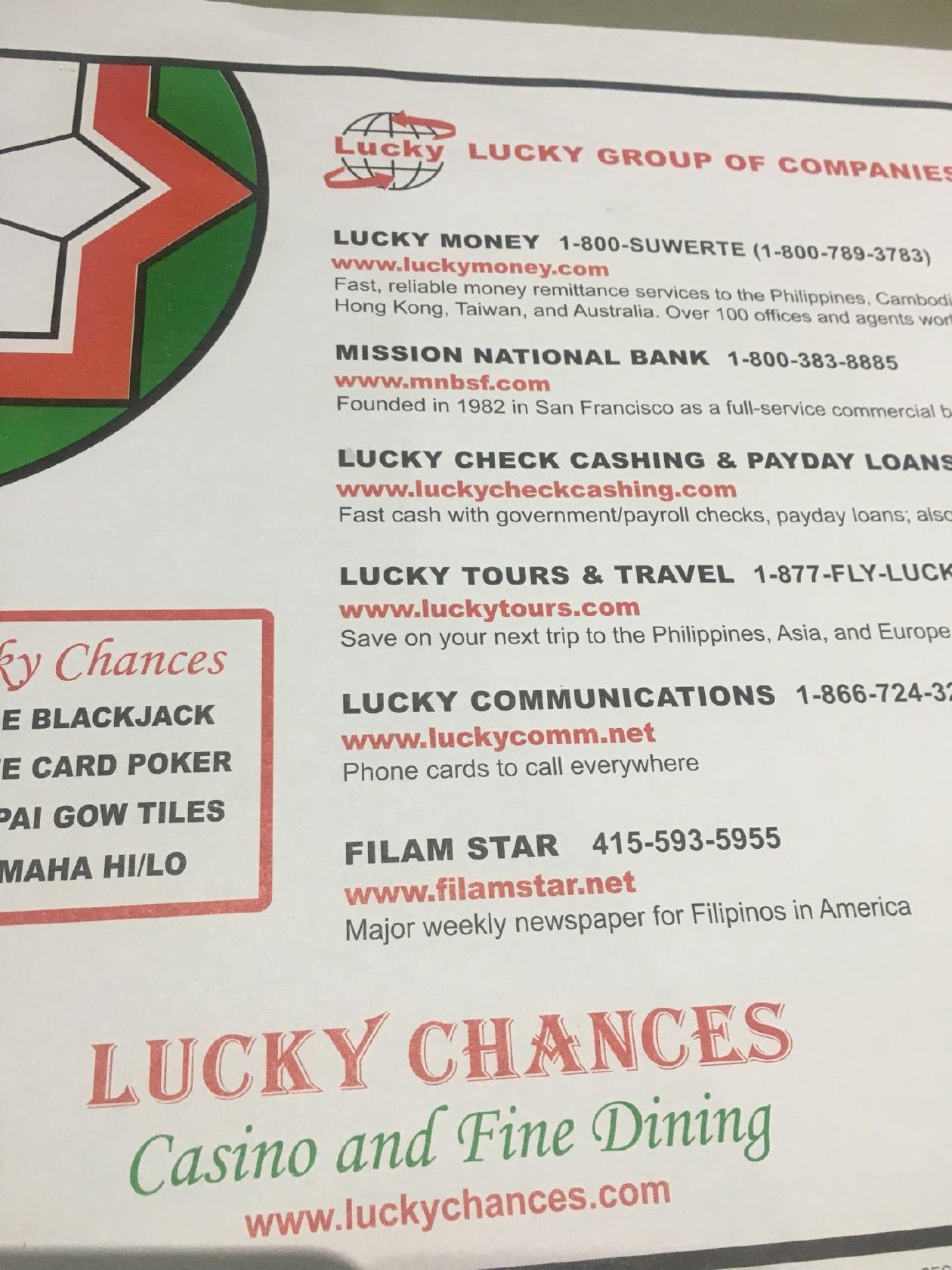Menu at Lucky Chances Casino restaurant, Colma