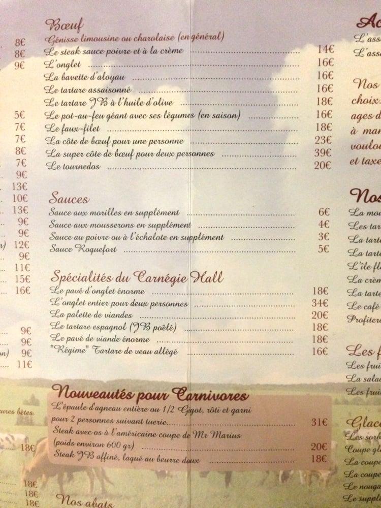 Menu au Carnegie Hall restaurant à viande, Lyon, 253 Rue Marcel Mérieux