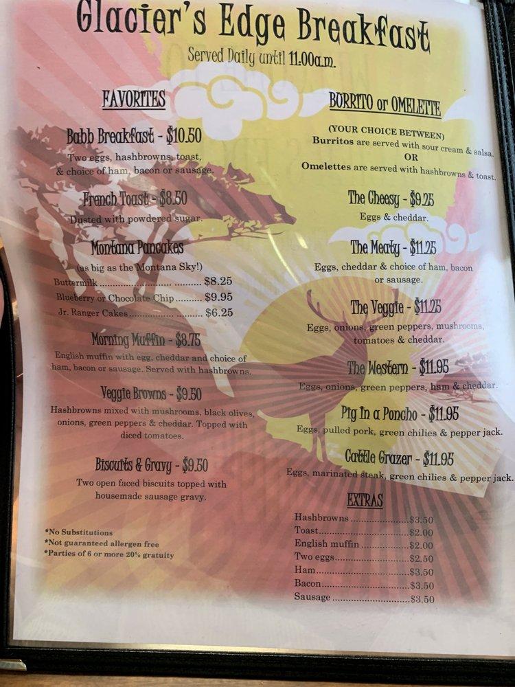 Menu at Glaciers Edge Cafe, Babb