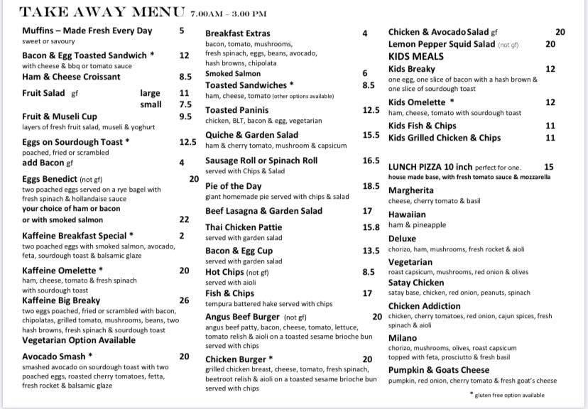 Menu at Kaffeine Cafe, Gwelup