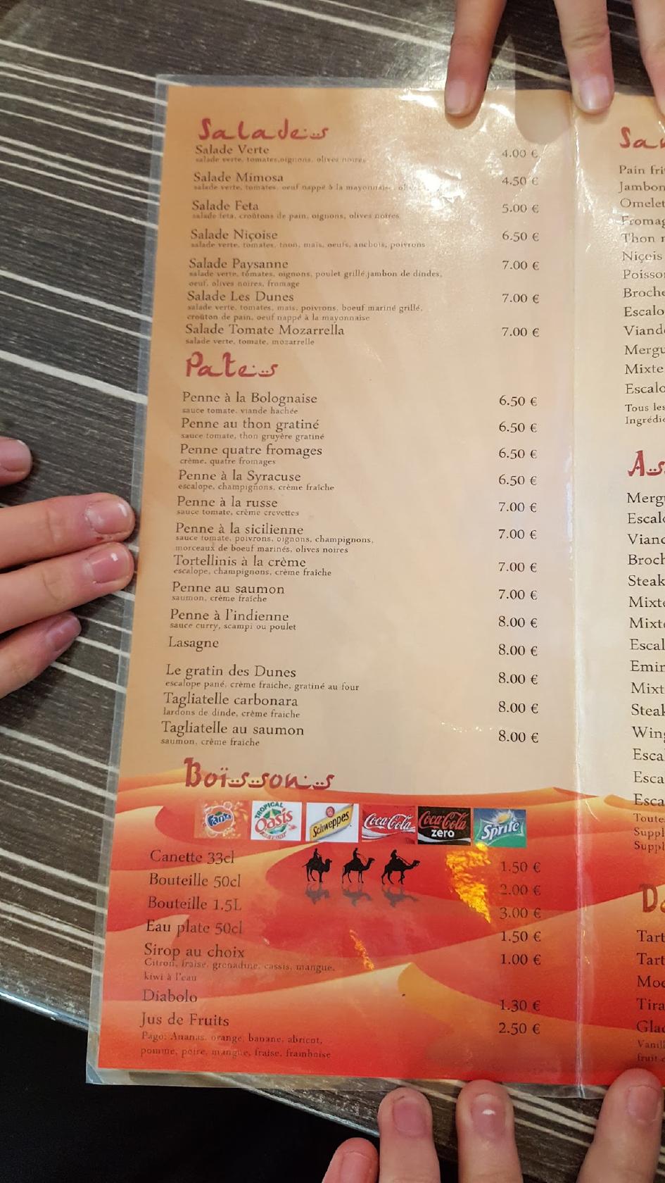 Menu au Les Dunes restaurant, Mulhouse