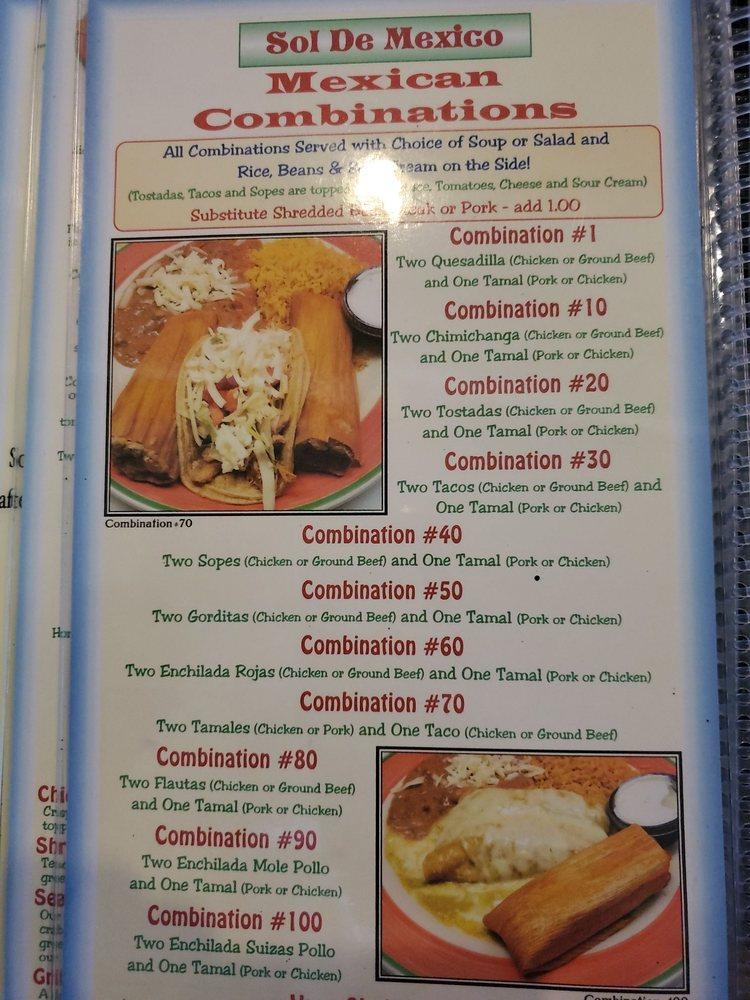 Menu at Sol De Mexico restaurant, Wind Lake