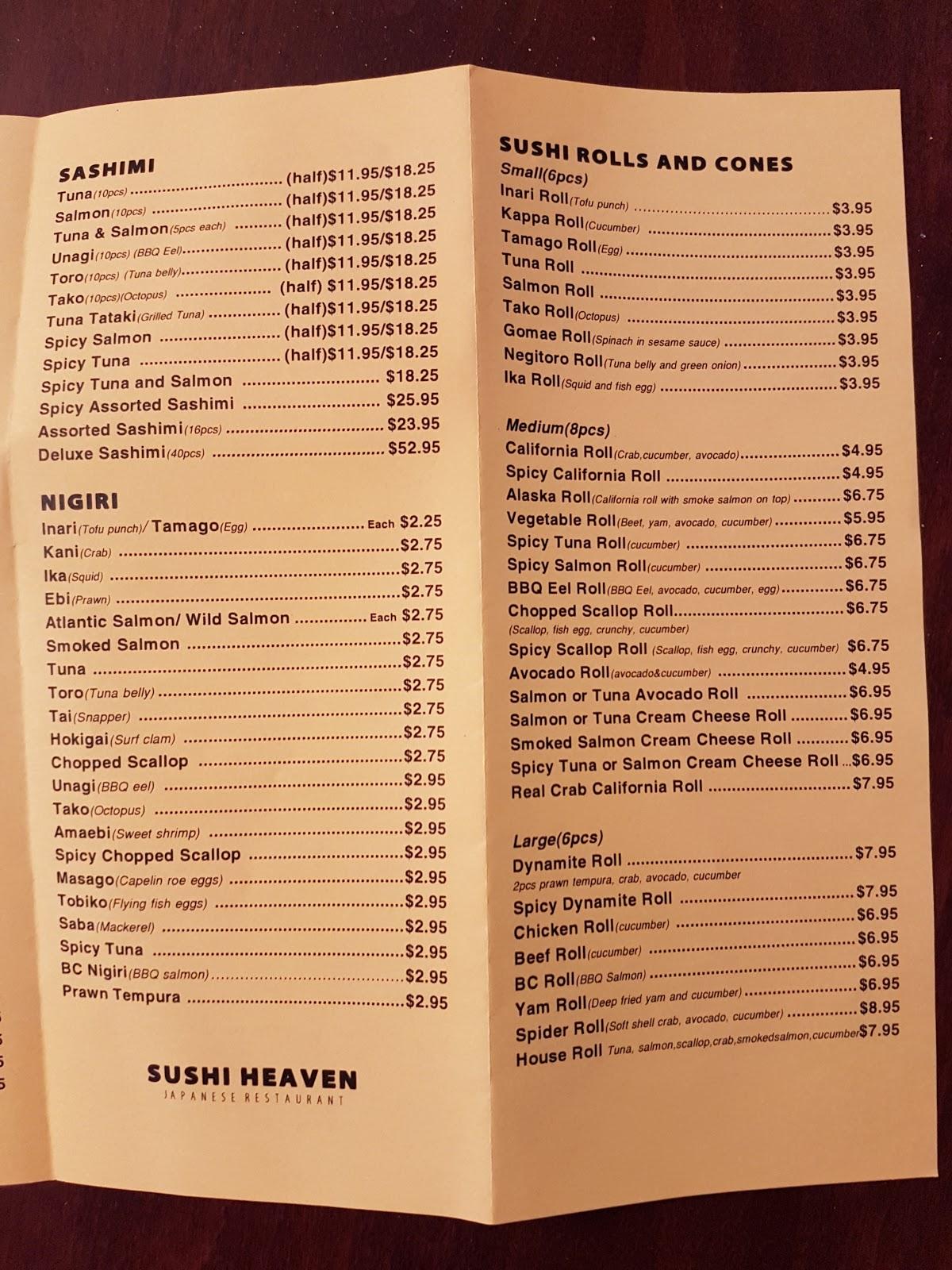 Menu at Sushi Heaven restaurant, Penticton