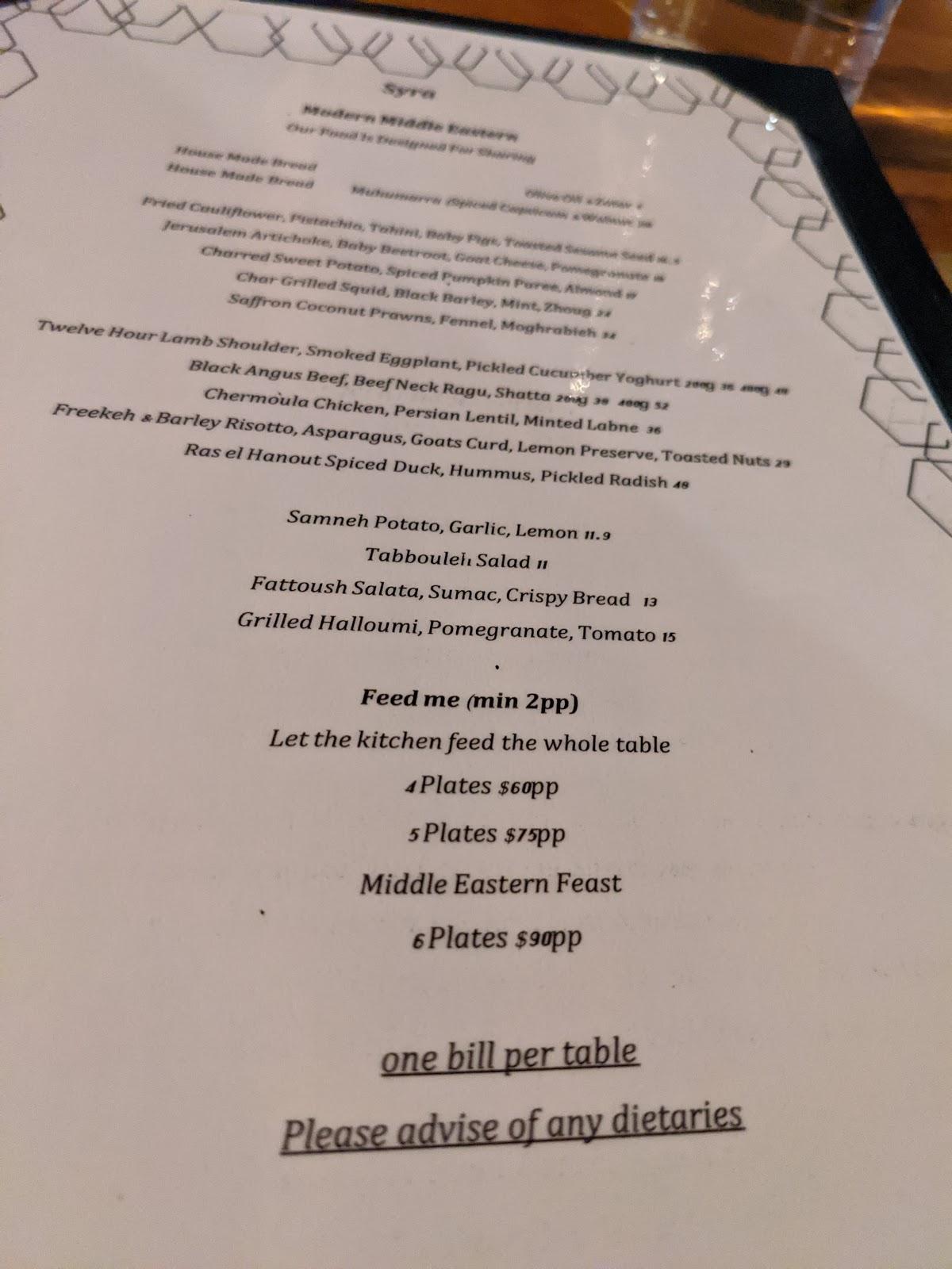 Menu at Syra restaurant, Battery Point
