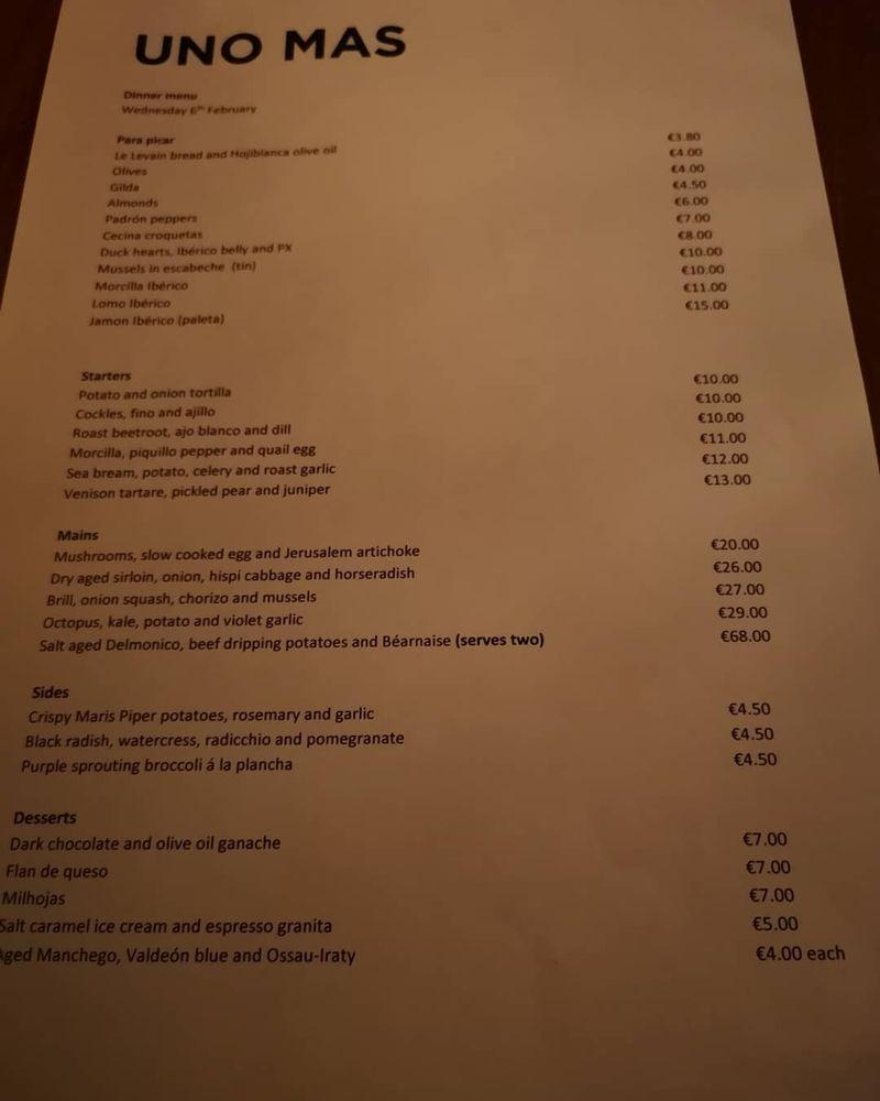 Menu at Uno Mas pub & bar, Dublin