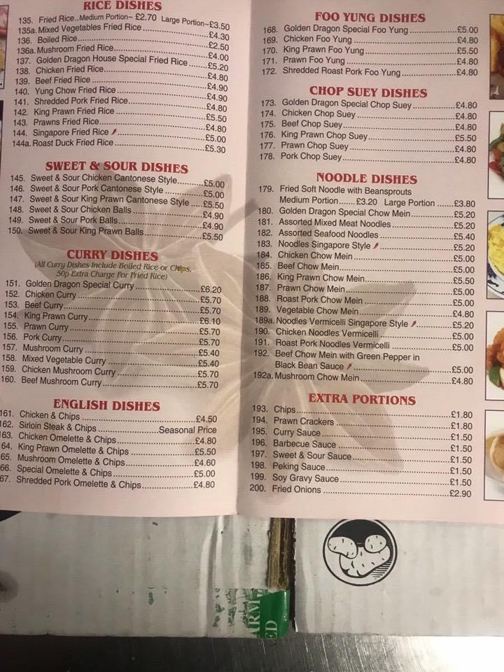 Menu at Golden Dragon restaurant, Risca