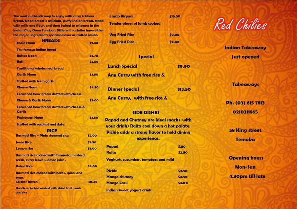 Menu at Red Chillies Indian Cuisine restaurant, Temuka