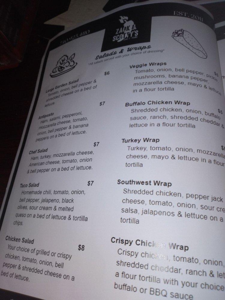 Menu at Zack & Scotty's restaurant, Gallipolis