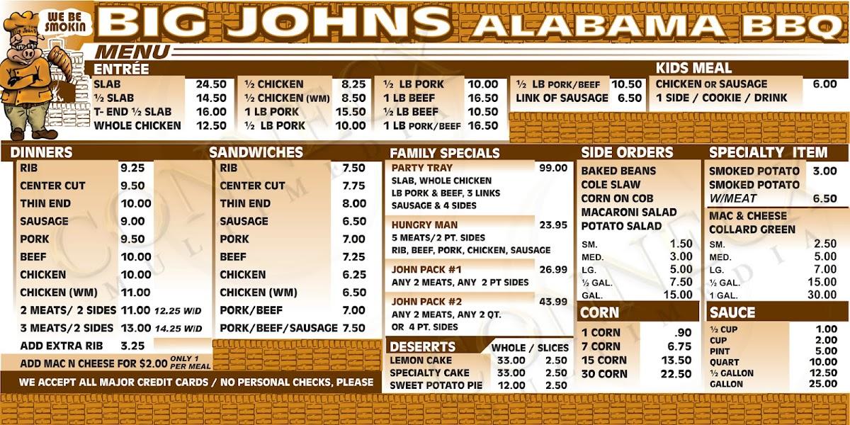 Menu at Big John's Alabama BBQ, Tampa