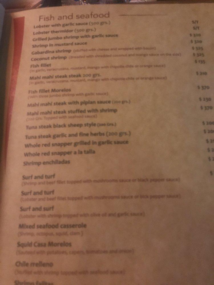 Menu at Casa Morelos restaurant, Ixtapa