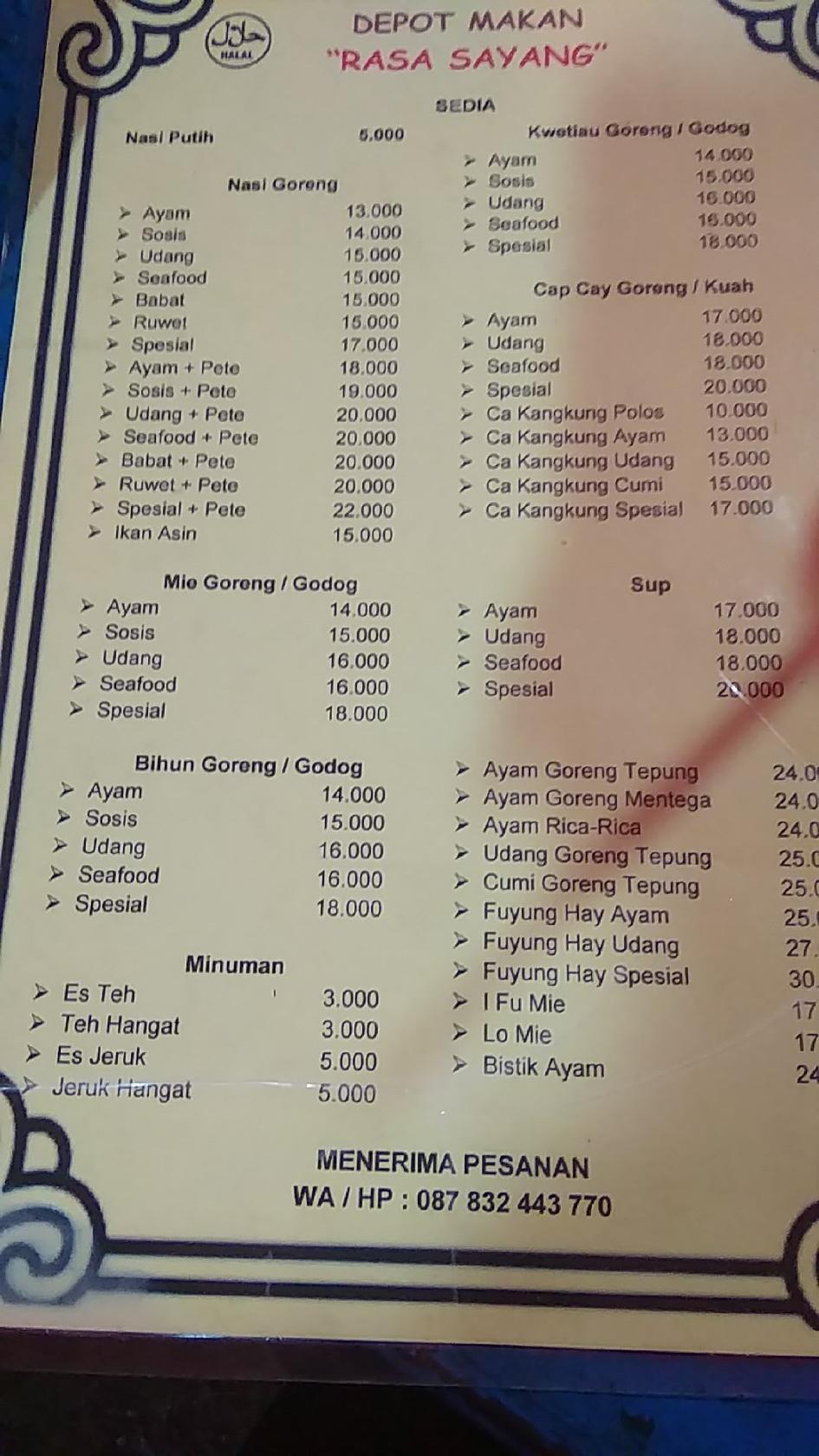 Menu at Depot Makan Rasa Sayang cafe, Semarang, XFR8+4Q6 Komp. Ruko ...