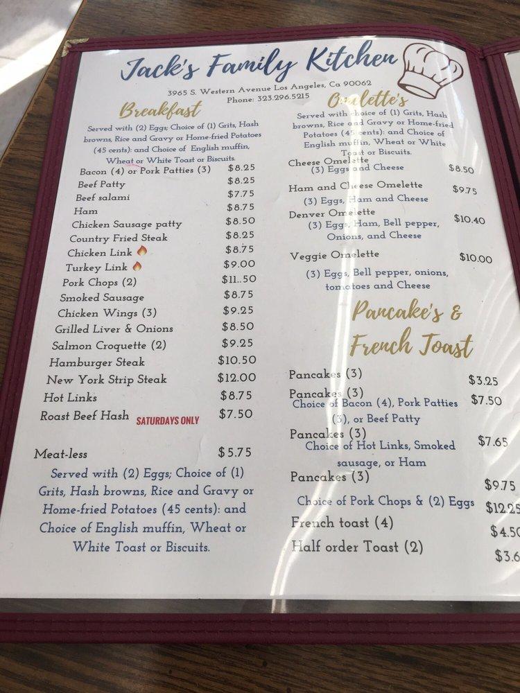 Menu at Jack's Family Kitchen restaurant, Los Angeles