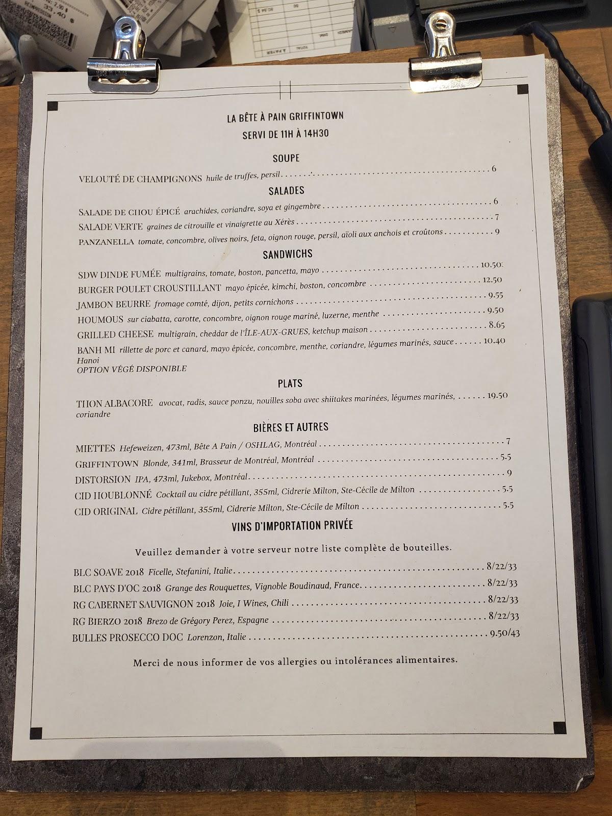 Menu at La Bête à Pain (Griffintown) cafe, Montréal, 195 Rue Young