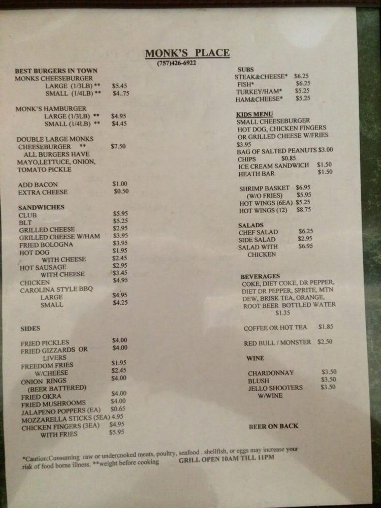 Menu at Monks Place pub & bar, Virginia Beach