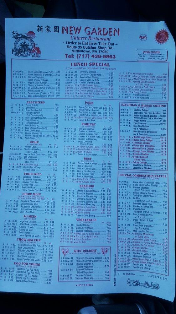 Menu at New Garden restaurant, Mifflintown, Butchershop Rd