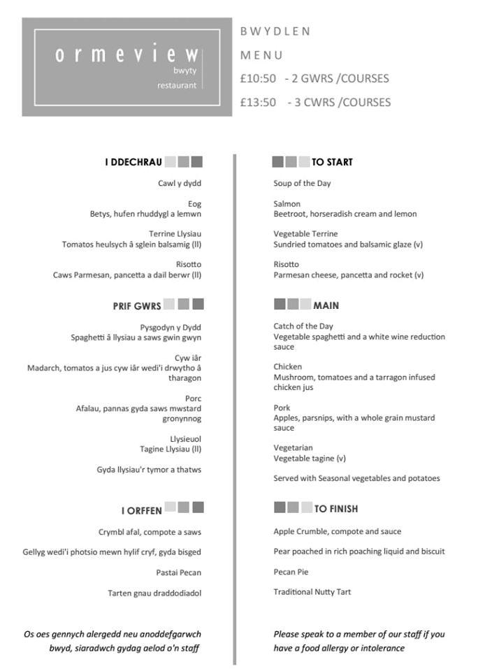 Menu at Orme View Training Restaurant, Rhos on Sea