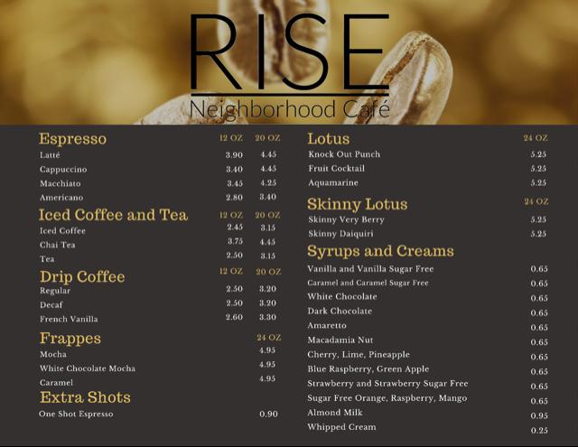 Menu at Rise Neighborhood Cafe, Davenport