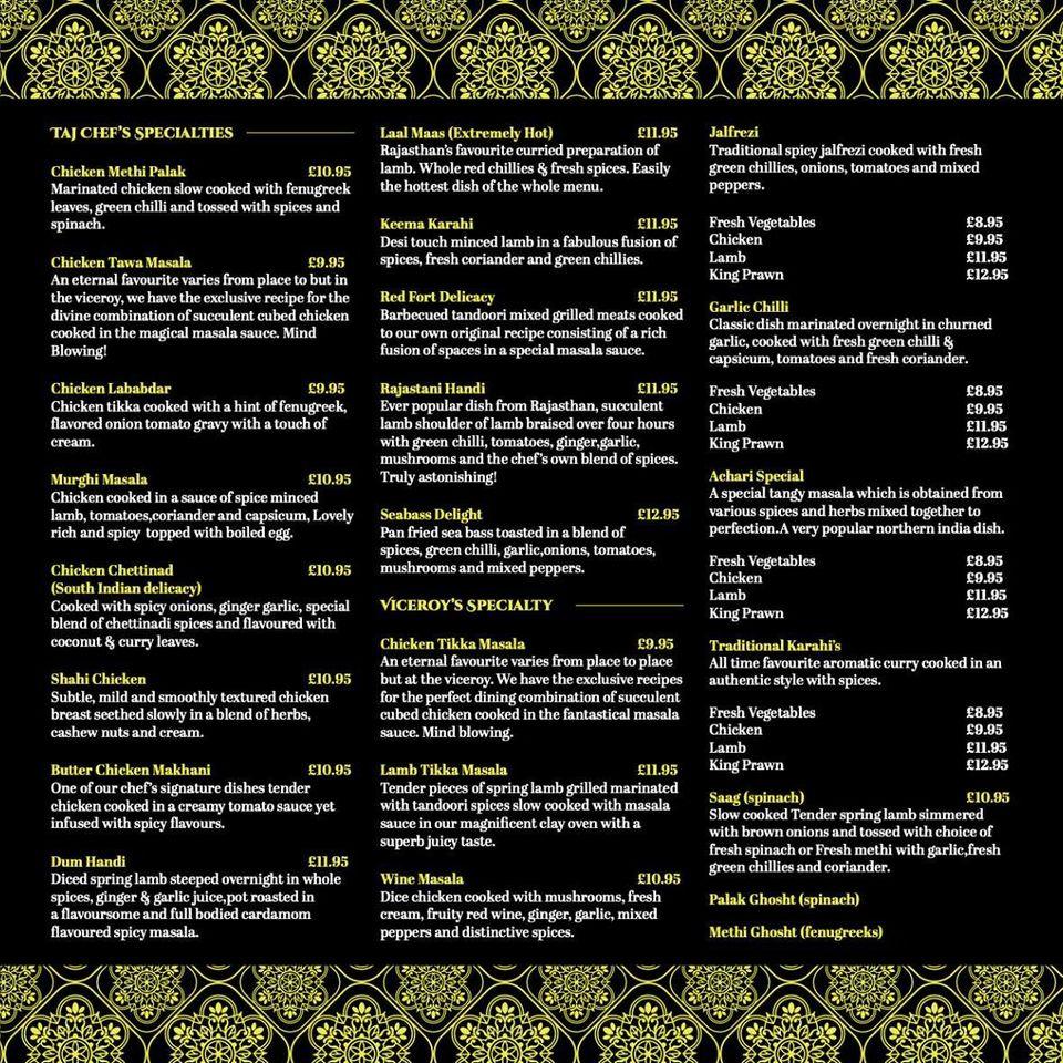 Menu at The Viceroy restaurant, Derby, 8 - 9 Midland Rd