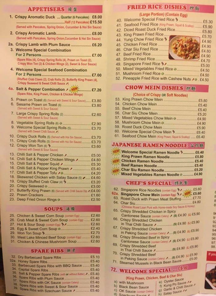Menu at The Welcome Chinese Restaurant, South Kirkby