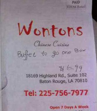 Menu at Wontons restaurant, Baton Rouge