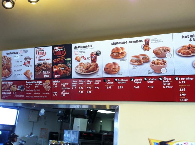 Menu at KFC fast food, Elk City, W 3rd St