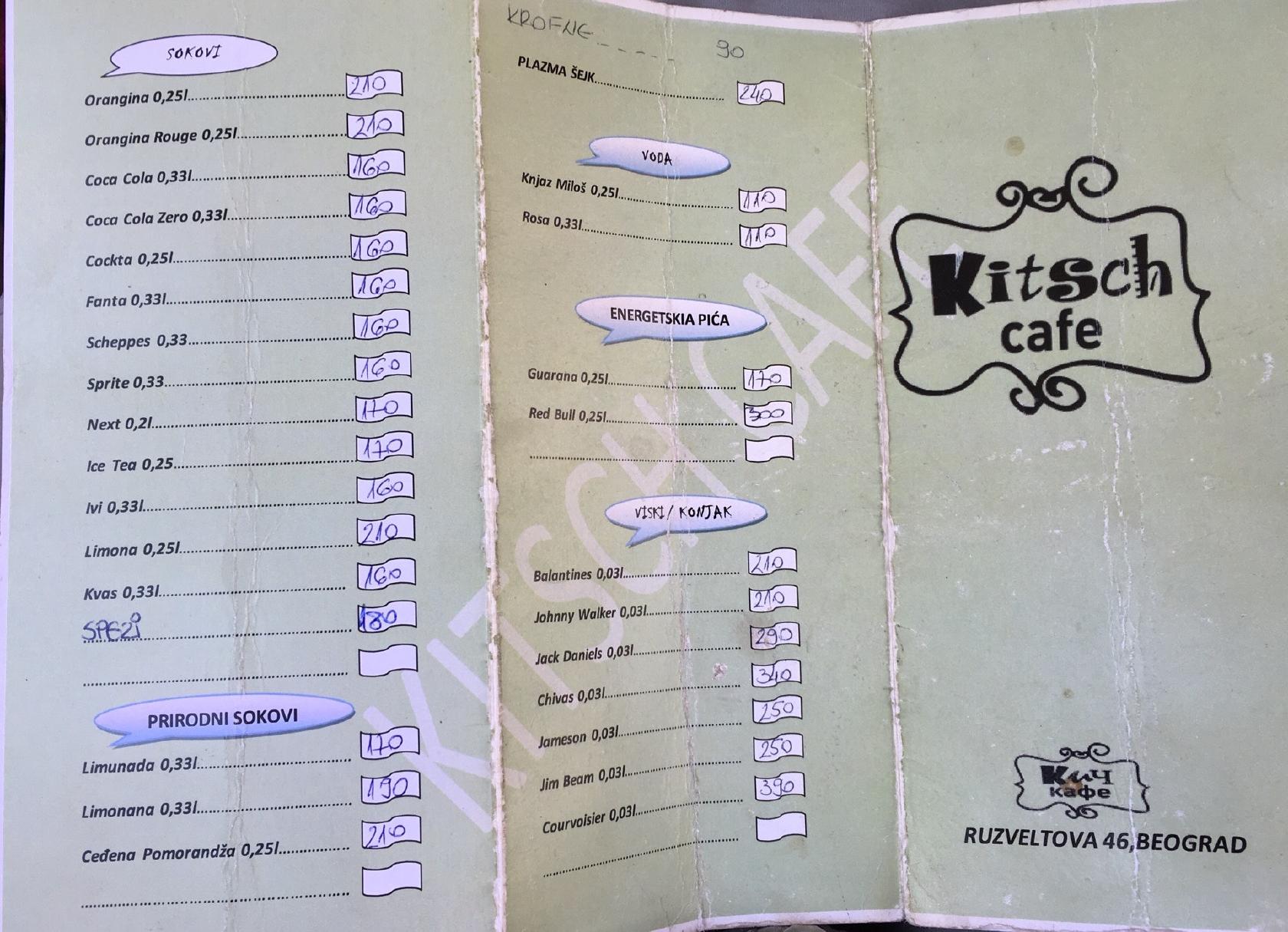 Menu at Kitsch Cafe, Belgrade