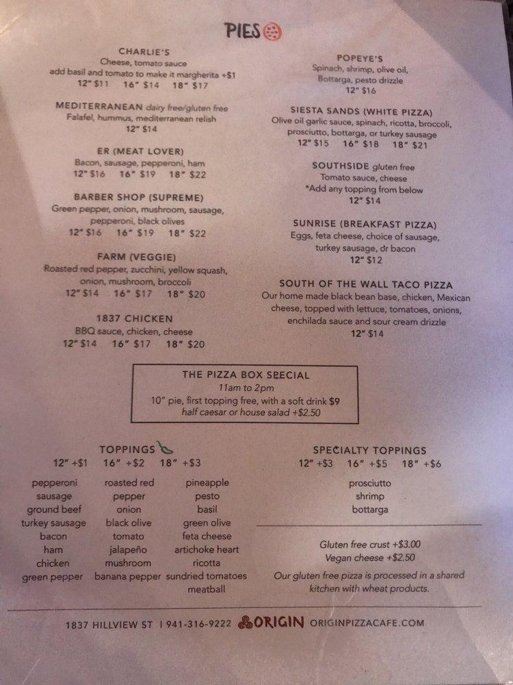 Menu at Origin Craft Beer & Pizza Cafe, Sarasota, Hillview St