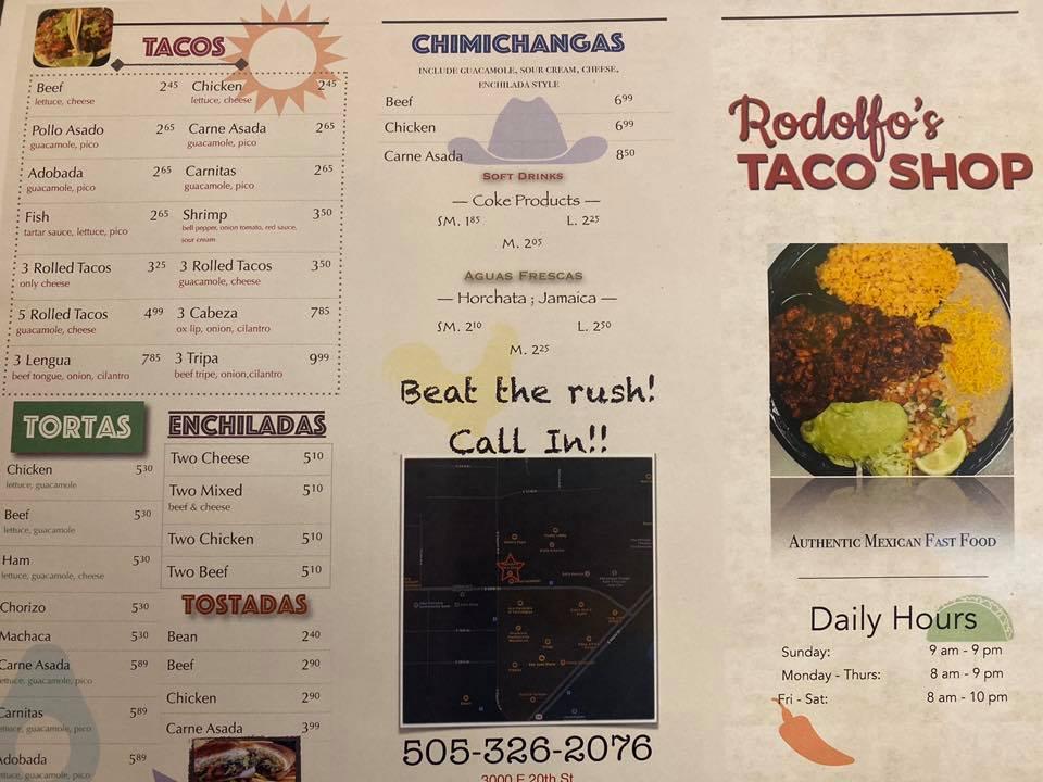 Menu at Rodolfo's Taco Shop restaurant, Farmington