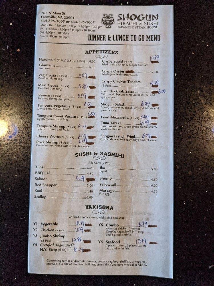 Menu at Shogun Steakhouse, Farmville, 707 N Main St