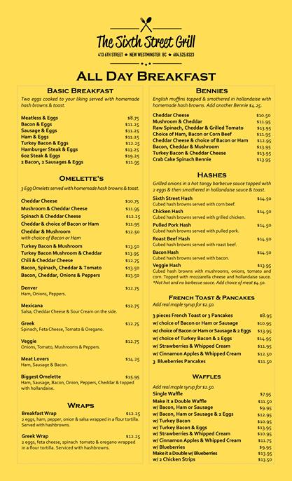 Menu at Sixth Street Grill restaurant, New Westminster