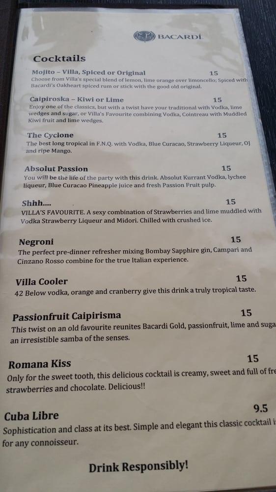 Menu at Villa Romana restaurant, Cairns, 99 Esplanade