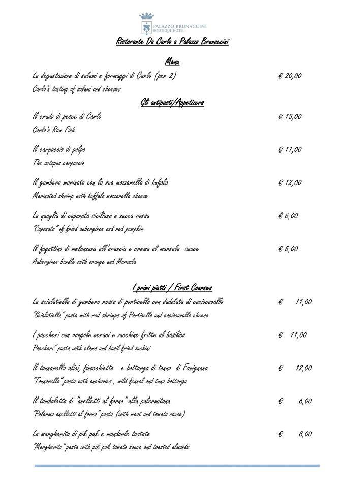 Menu at Palazzo Brunaccini restaurant, Palermo