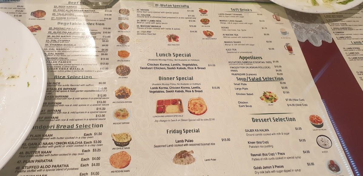 Menu at Al Watan Halal Tandoori Restaurant, Hawthorne