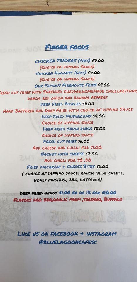 Menu at Blue Lagoon Cafe, Waxhaw