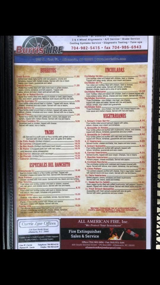 Menu at El Ranchito Restaurante Mexicano, Albemarle