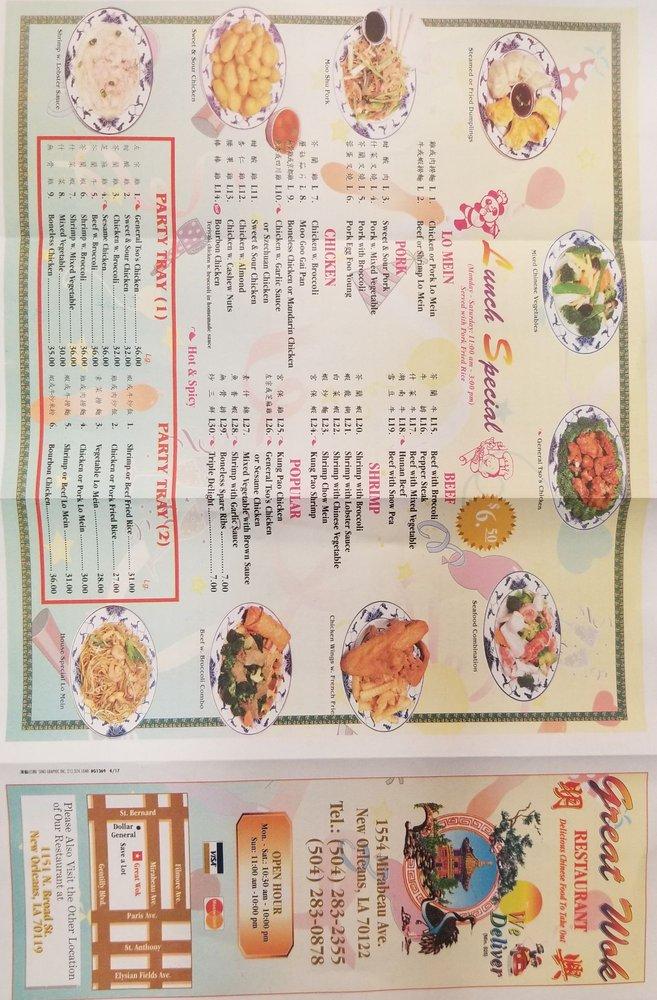 Menu at Great wok restaurant, New Orleans, Mirabeau Ave
