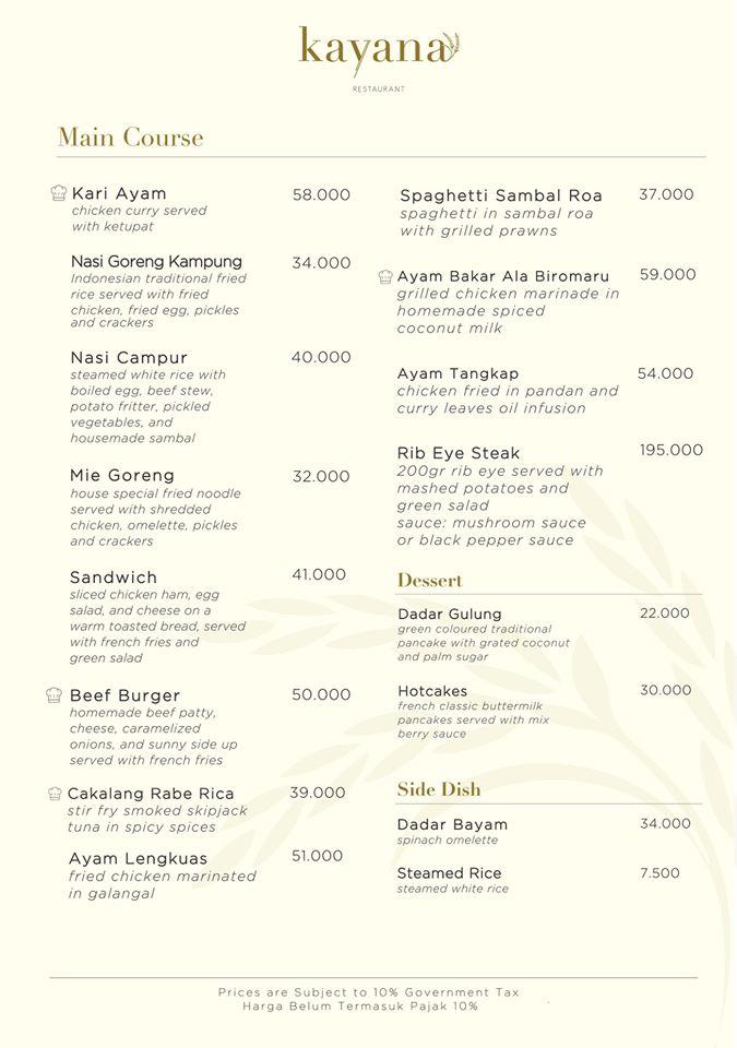 Menu at Kayana Restaurant, Palu