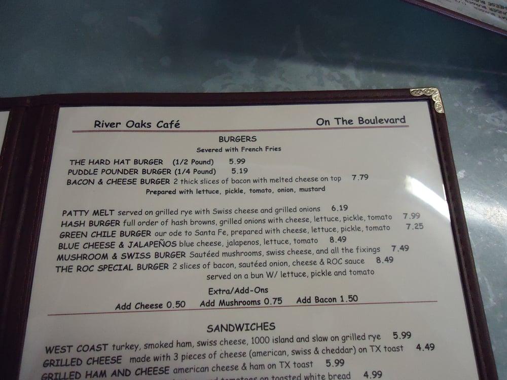 Menu at River Oaks cafe, Fort Worth