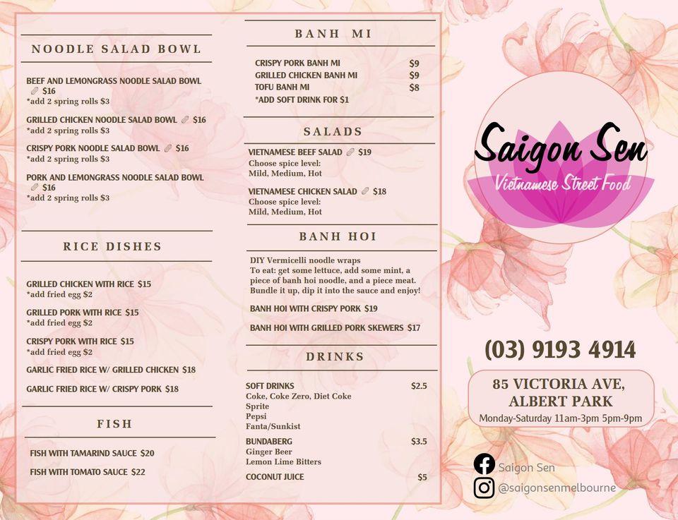 Menu at Saigon Sen restaurant, Albert Park