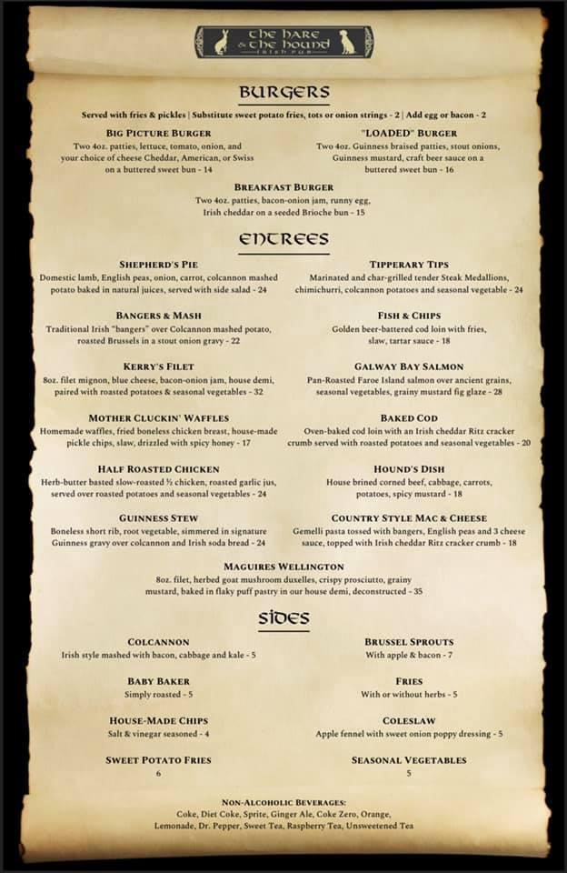 Menu at The Hare & The Hound pub & bar, Putnam