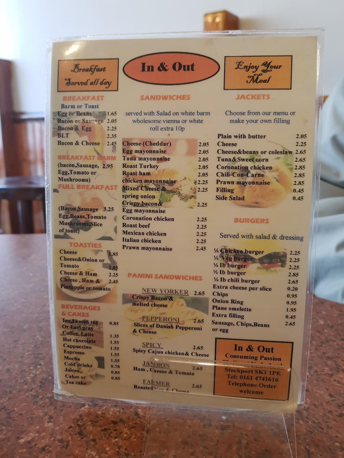 Menu at In & Out cafe, Stockport