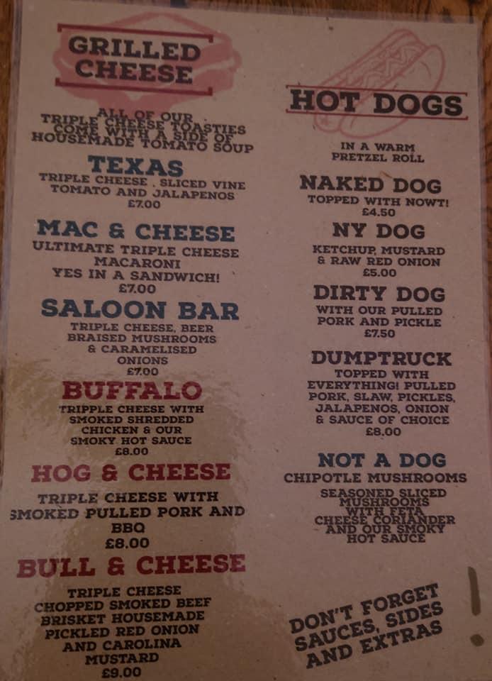 Menu at Inkie's Smokehouse restaurant, Liskeard