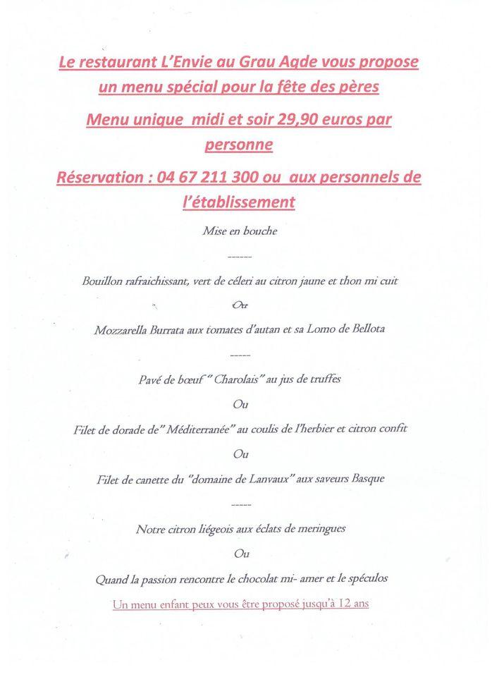 Menu at L'Envie restaurant, Agde
